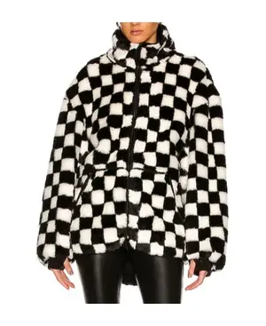 R13 White Checkered Faux Fur Jacket