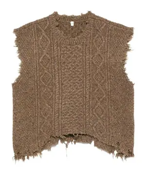 R13 Cable Knit Frayed Sleeveless Sweater - Brown