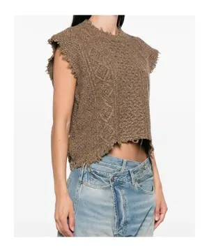 R13 Cable Knit Frayed Sleeveless Sweater - Brown