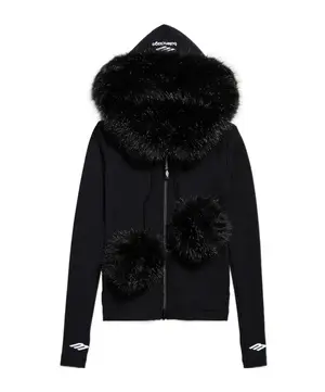 Balenciaga Fluffy Zip-up Hooded Jacket With Faux Fur Trim - Washed Black