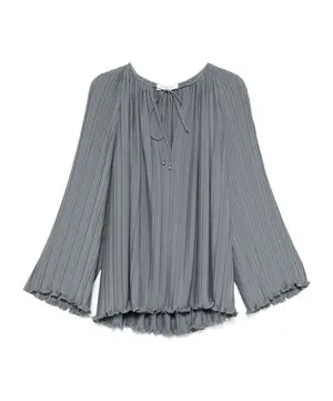 LANVIN Pleated Round Neck Long Sleeve Blouse - Gray