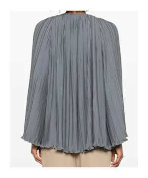 LANVIN Pleated Round Neck Long Sleeve Blouse - Gray