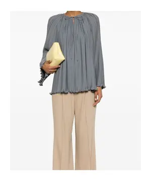 LANVIN Pleated Round Neck Long Sleeve Blouse - Gray