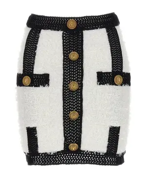 Balmain Button Embellished Tweed Mini Skirt - White
