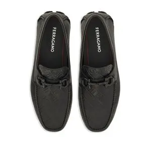 FERRAGAMO Gancini Embossed Leather Driving Loafers - Black