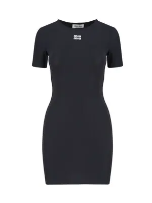 Miu Miu Stretch Jersey Logo Embellished Mini Dress