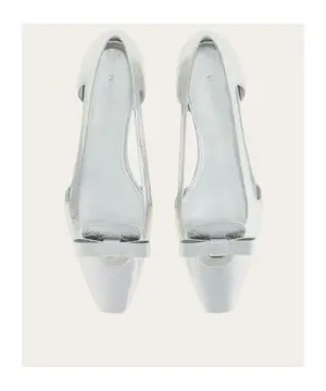 FERRAGAMO Silver Metallic Bow Ballet Flats