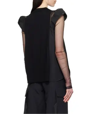 Sacai Paneled Cotton Top With Tulle Sleeves