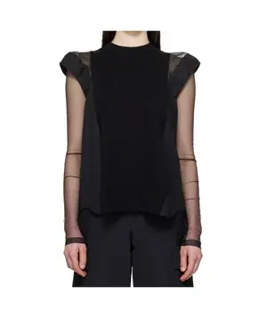Sacai Paneled Cotton Top With Tulle Sleeves