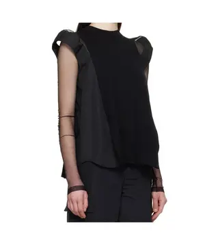 Sacai Paneled Cotton Top With Tulle Sleeves