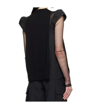 Sacai Paneled Cotton Top With Tulle Sleeves