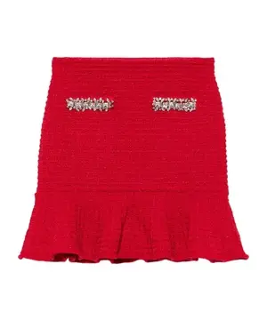 SELF-PORTRAIT Textured Knit Mini Skirt With Embellished Pockets - Red