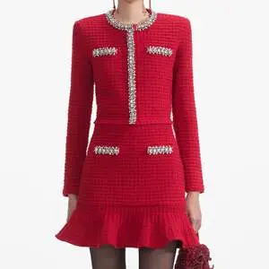 SELF-PORTRAIT Textured Knit Mini Skirt With Embellished Pockets - Red