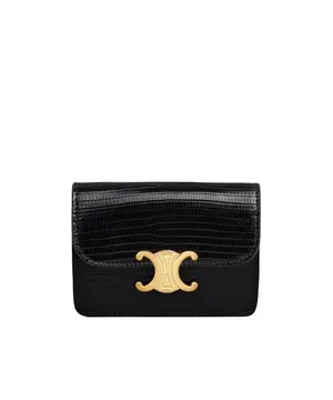 Celine Card Holder With Flap Triomphe In Lizard - Black