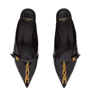 Balmain Sync Patent Leather Mules With Pointed Toe And Chain Detail - Black