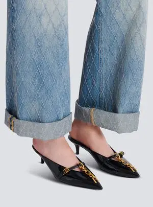 Balmain Sync Patent Leather Mules With Pointed Toe And Chain Detail - Black