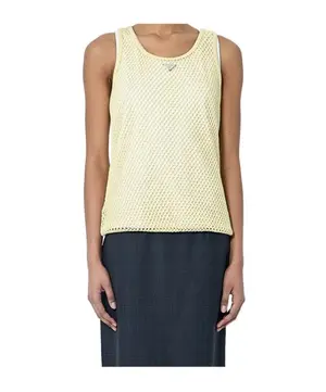 Prada Open-knit Tank Top With Triangle Logo - Beige