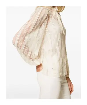 TWINSET Striped Lace Bow Blouse - White