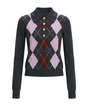 SELF-PORTRAIT Argyle Button Polo Top