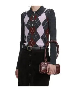 SELF-PORTRAIT Argyle Button Polo Top