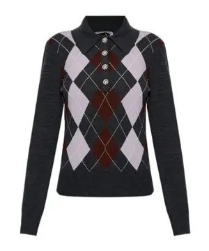 SELF-PORTRAIT Argyle Diamanté Polo Jumper - Grey