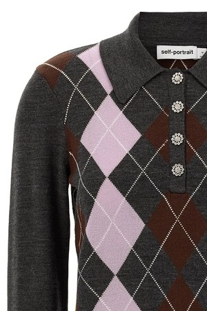 SELF-PORTRAIT Argyle Diamanté Polo Jumper - Grey