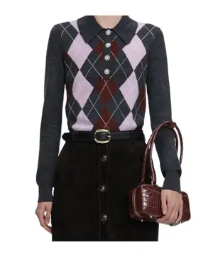 SELF-PORTRAIT Argyle Diamanté Polo Jumper - Grey