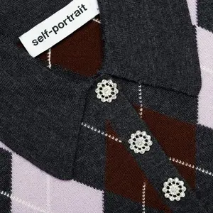 SELF-PORTRAIT Argyle Diamanté Polo Jumper - Grey