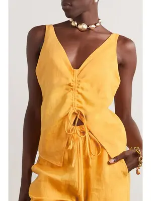 Nanushka Linen Drawstring V-neck Top - Orange