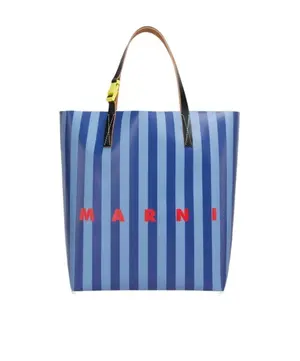 Marni Striped Shopping Bag With Buckle Detail - Blue
