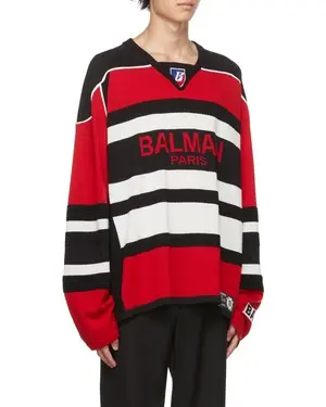 Balmain Striped V-neck Wool Sweater