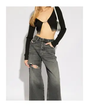 DIESEL® Ribbed Long Sleeve Crop Top With Logo Buckle