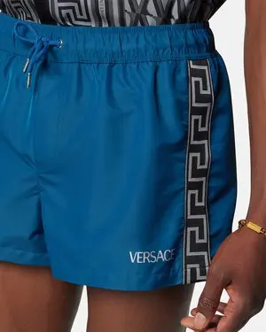 Versace Drawstring Swim Shorts With Greek Border - Blue