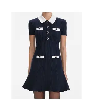 SELF-PORTRAIT Contrast Collar Knitted Mini Dress - Navy Blue