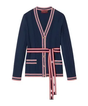 Gucci Belted Button-up Cardigan With Enamel Buttons - Dark Blue