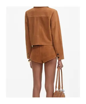 SELF-PORTRAIT Suede Cropped Jacket With Notched Lapel - Brown