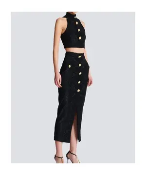 Balmain Baroque Pattern Midi Skirt With Slit Hem - Black