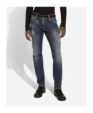 Dolce & Gabbana Distressed Dg Logo Chain Skinny Jeans - Blue