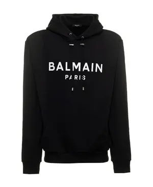 Balmain Logo Printed Drawstring Hoodie - Black