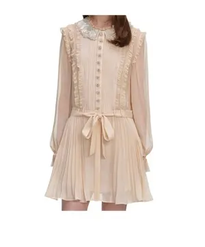SELF-PORTRAIT Pleated Georgette Mini Dress With Embellished Collar