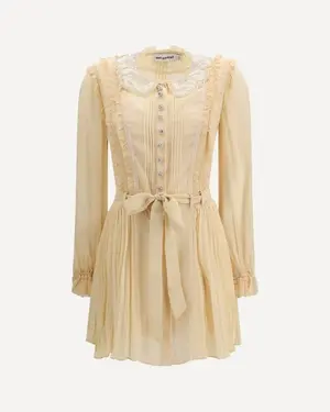 SELF-PORTRAIT Pleated Georgette Mini Dress With Embellished Collar - Tan