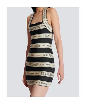 Balmain Logo Jacquard Halterneck Mini Dress - Black