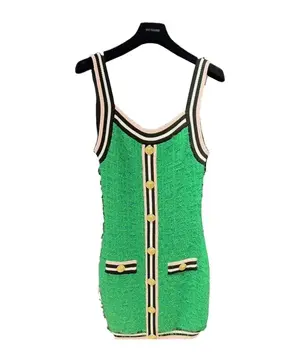 Balmain Suspender Mini Dress With Button And Stripe Detail - Green