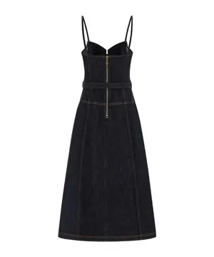 SELF-PORTRAIT Belted Paneled Denim Midi Dress