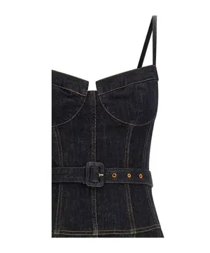 SELF-PORTRAIT Belted Paneled Denim Midi Dress