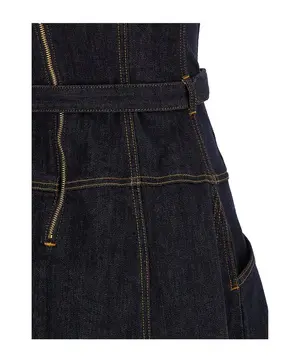 SELF-PORTRAIT Belted Paneled Denim Midi Dress