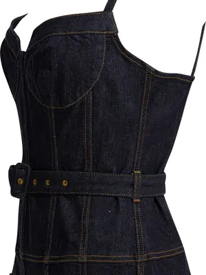 SELF-PORTRAIT Belted Paneled Denim Midi Dress - Blue