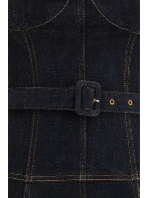 SELF-PORTRAIT Belted Paneled Denim Midi Dress - Blue