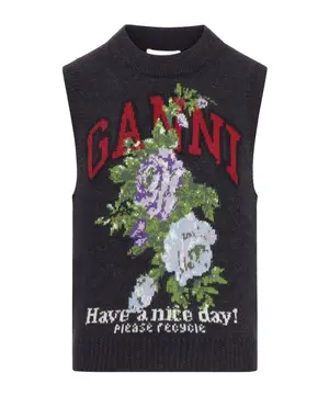 GANNI Wool Vest With Floral Motif - Phantom Black