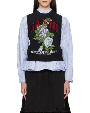 GANNI Wool Vest With Floral Motif